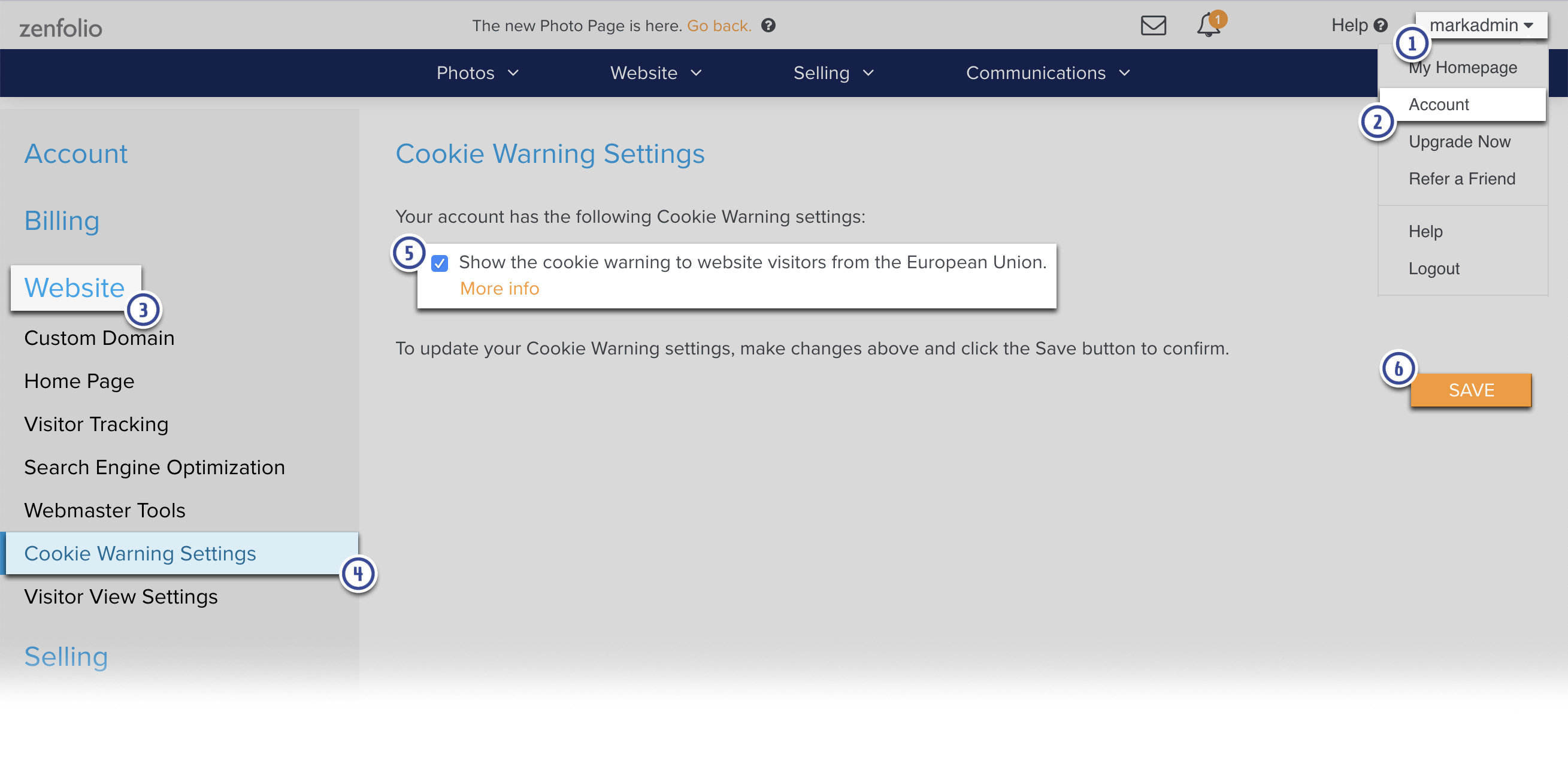Cookie Warning Settings – Zenfolio